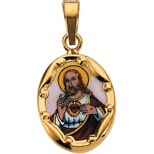 14K Gold and Porcelain Sacred Heart Religious Medal